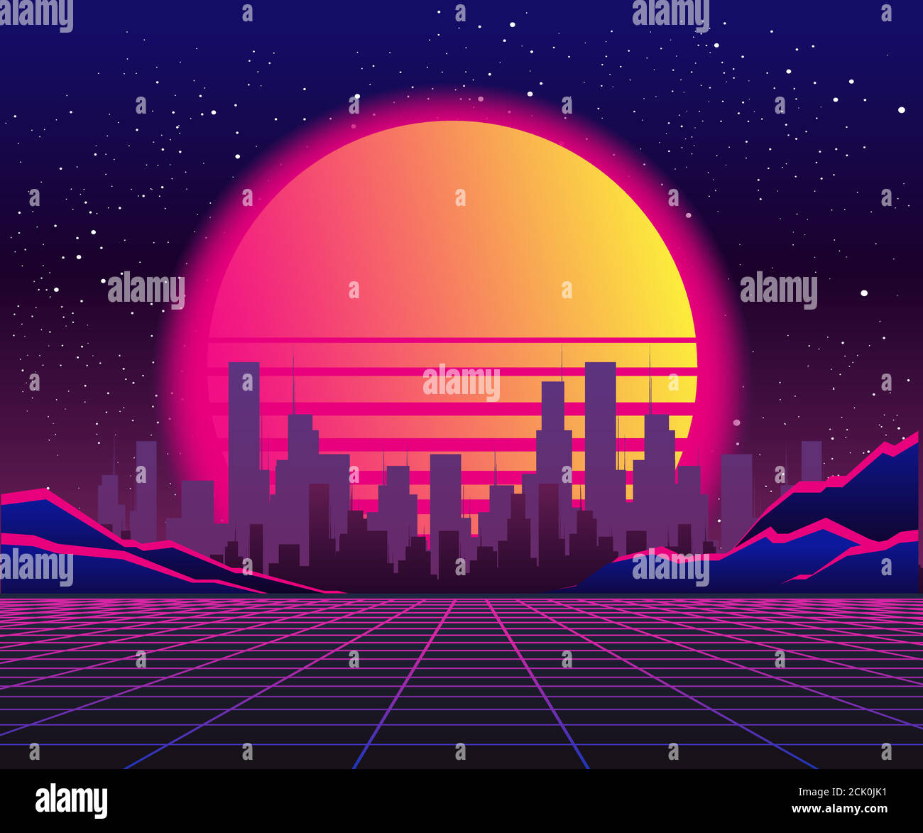 Retro future of the 80s. 1980s retro futuristic background style. Road ...