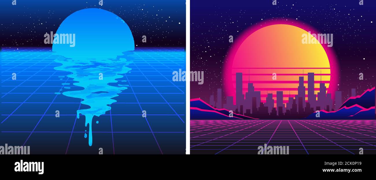 Retro future of the 80s. 1980s retro futuristic background style. Road ...