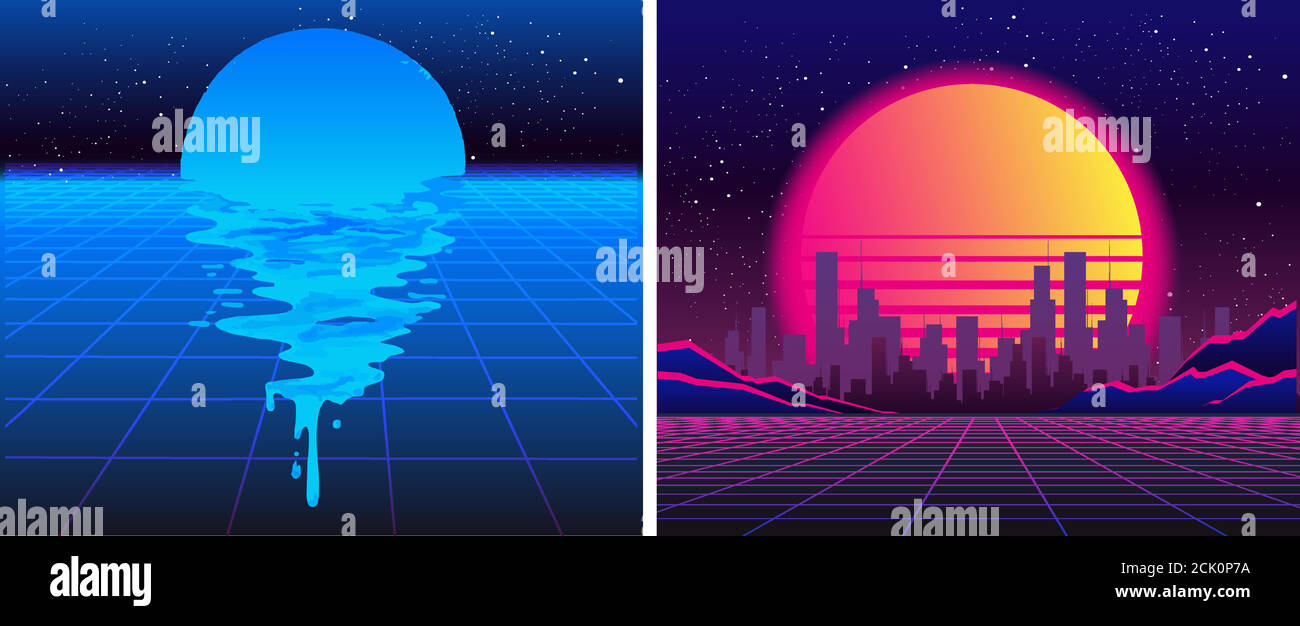 Retro future of the 80s. 1980s retro futuristic background style. Road ...