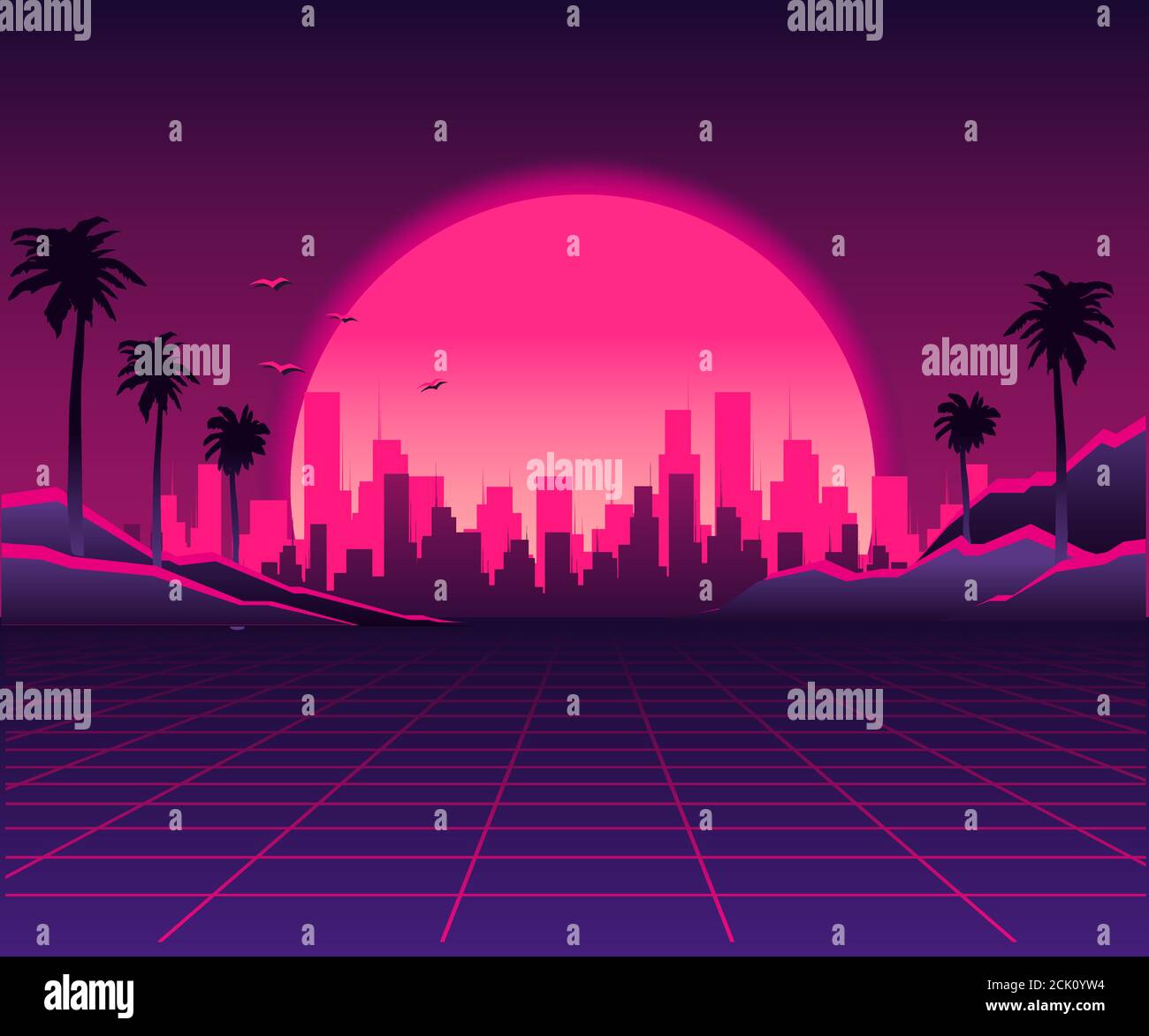 Retro future of the 80s. 1980s retro futuristic background style. Road ...