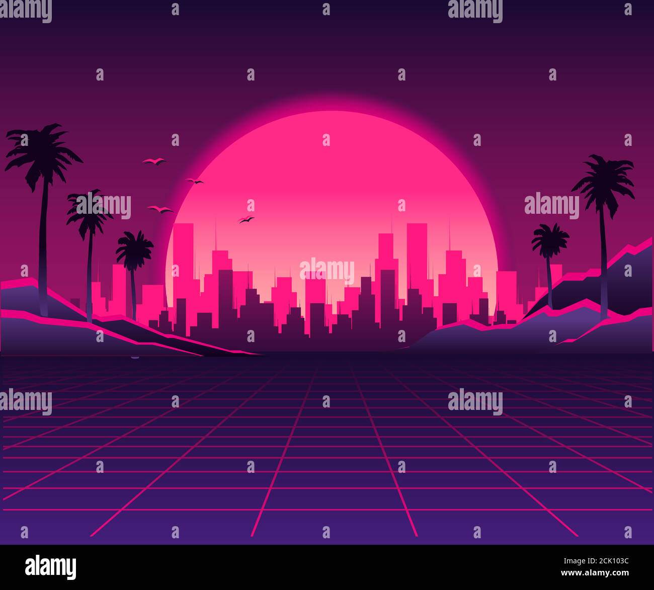 Retro future of the 80s. 1980s retro futuristic background style. Road ...