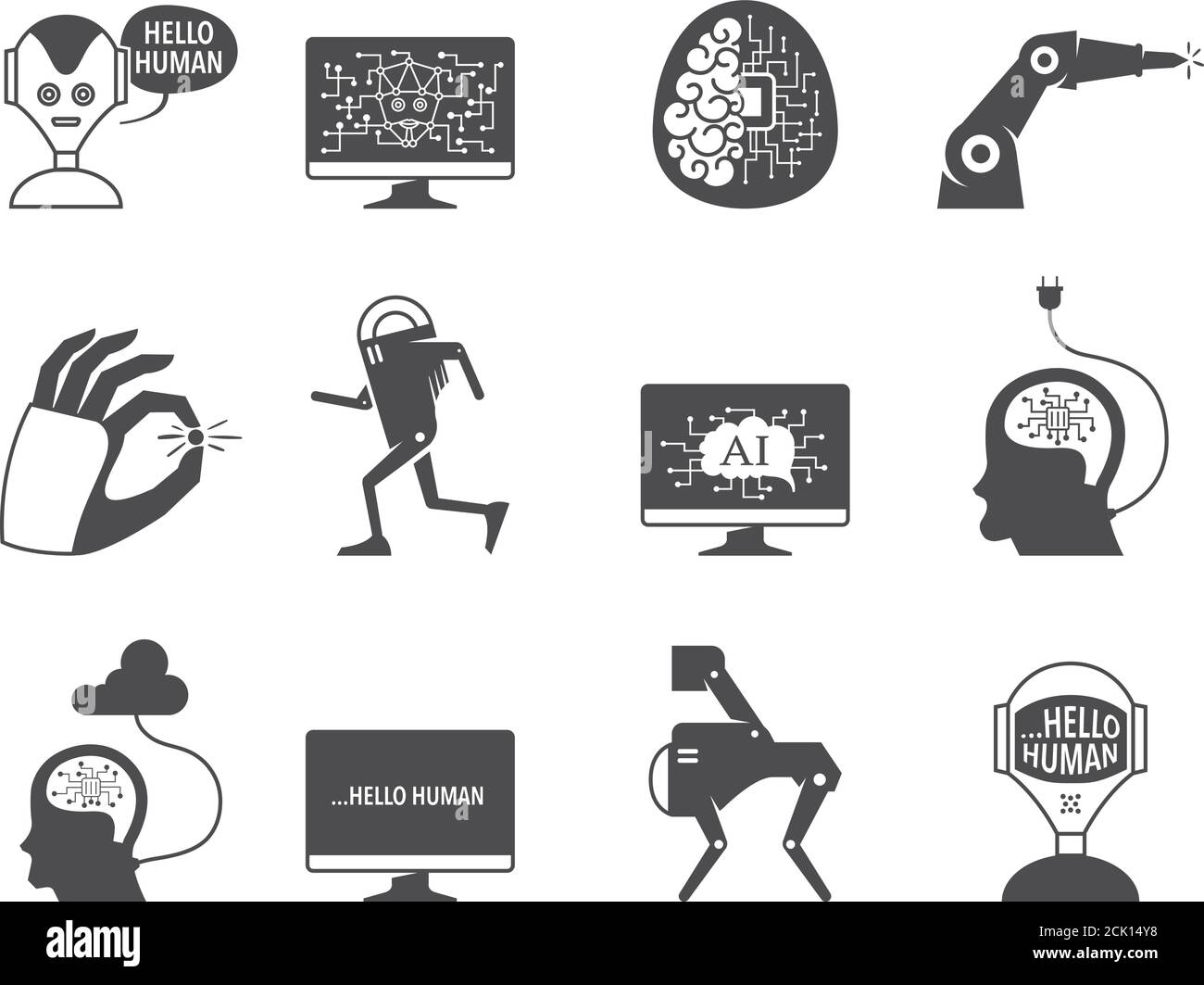 Artificial intelligence concept icons in black and white. Industrial ...