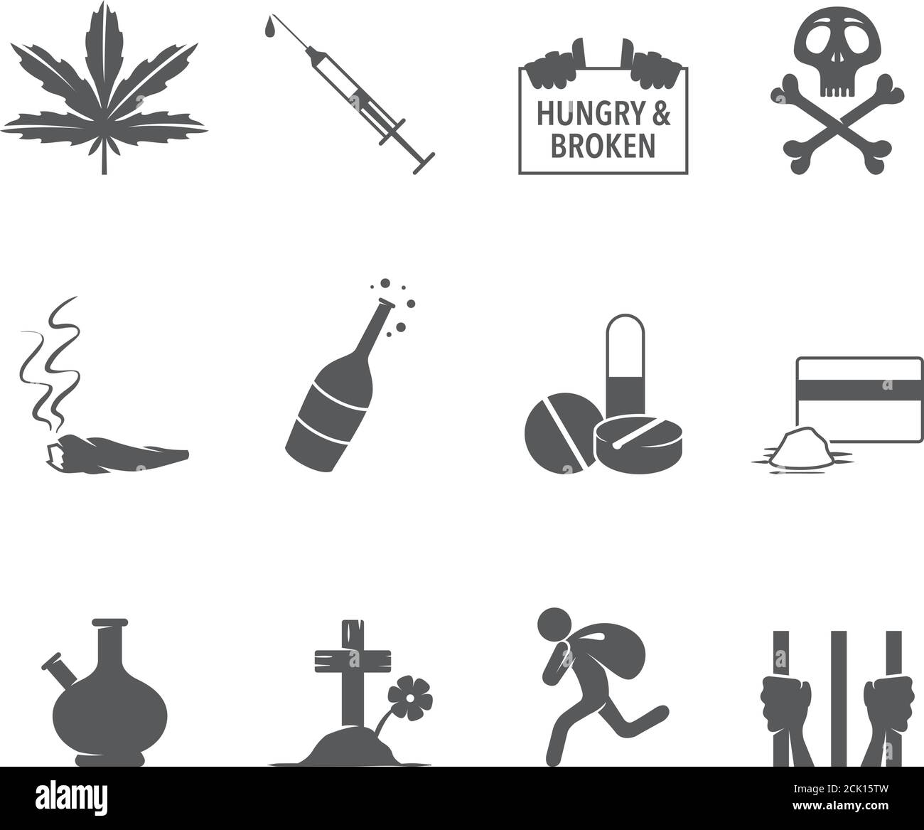 Narcotics icons in black and white. Drugs misuse and effects vector ...