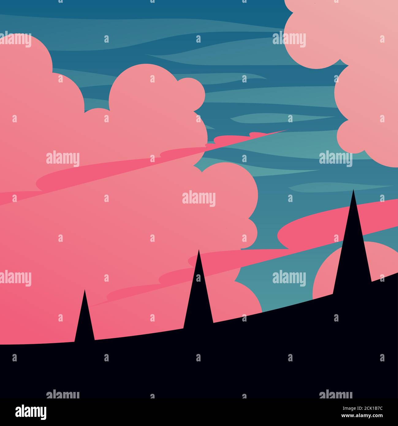 pink clouds over pine trees silhouette design, Landscape nature earth ...