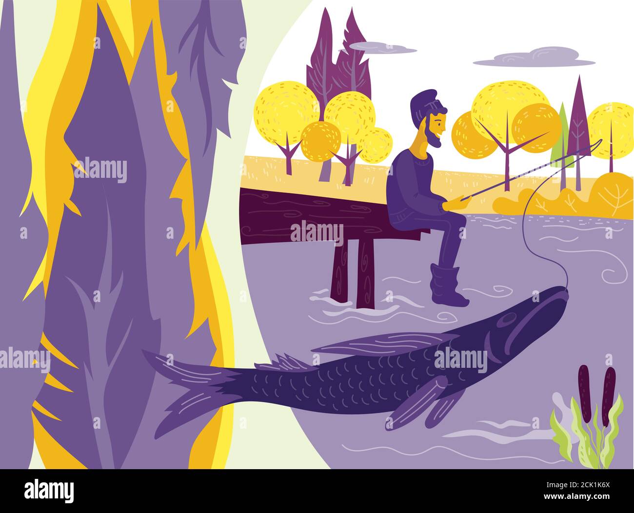 Fisherman or angler fishing on river or lake bank and forest landscape ...