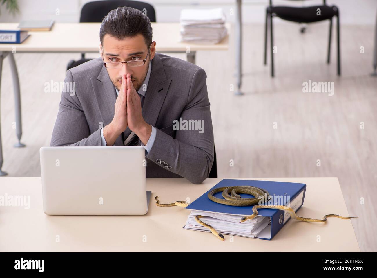 Male employee with snake in the office Stock Photo - Alamy