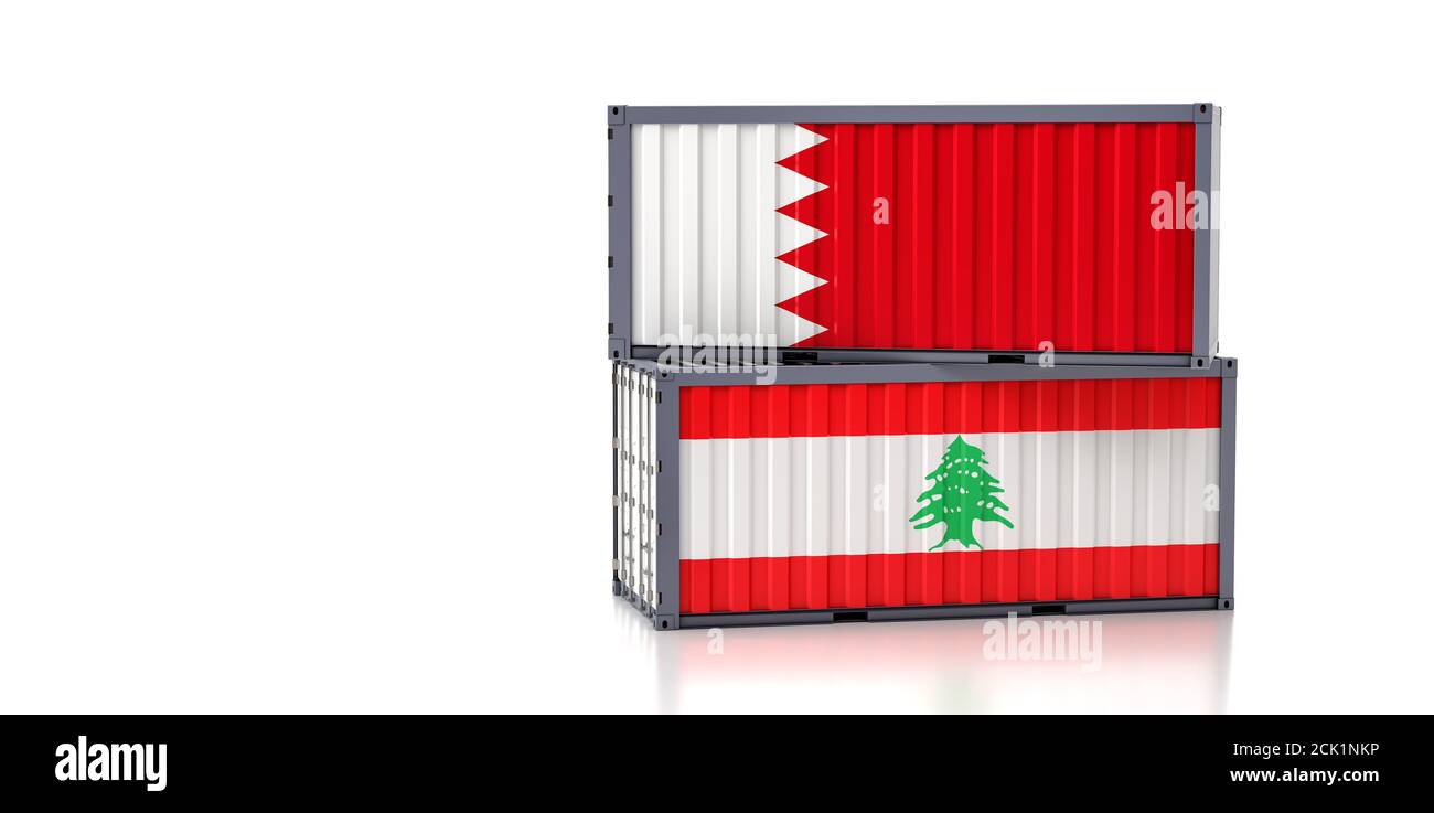 Freight containers with Lebanon and Bahrain flag. 3D Rendering Stock ...