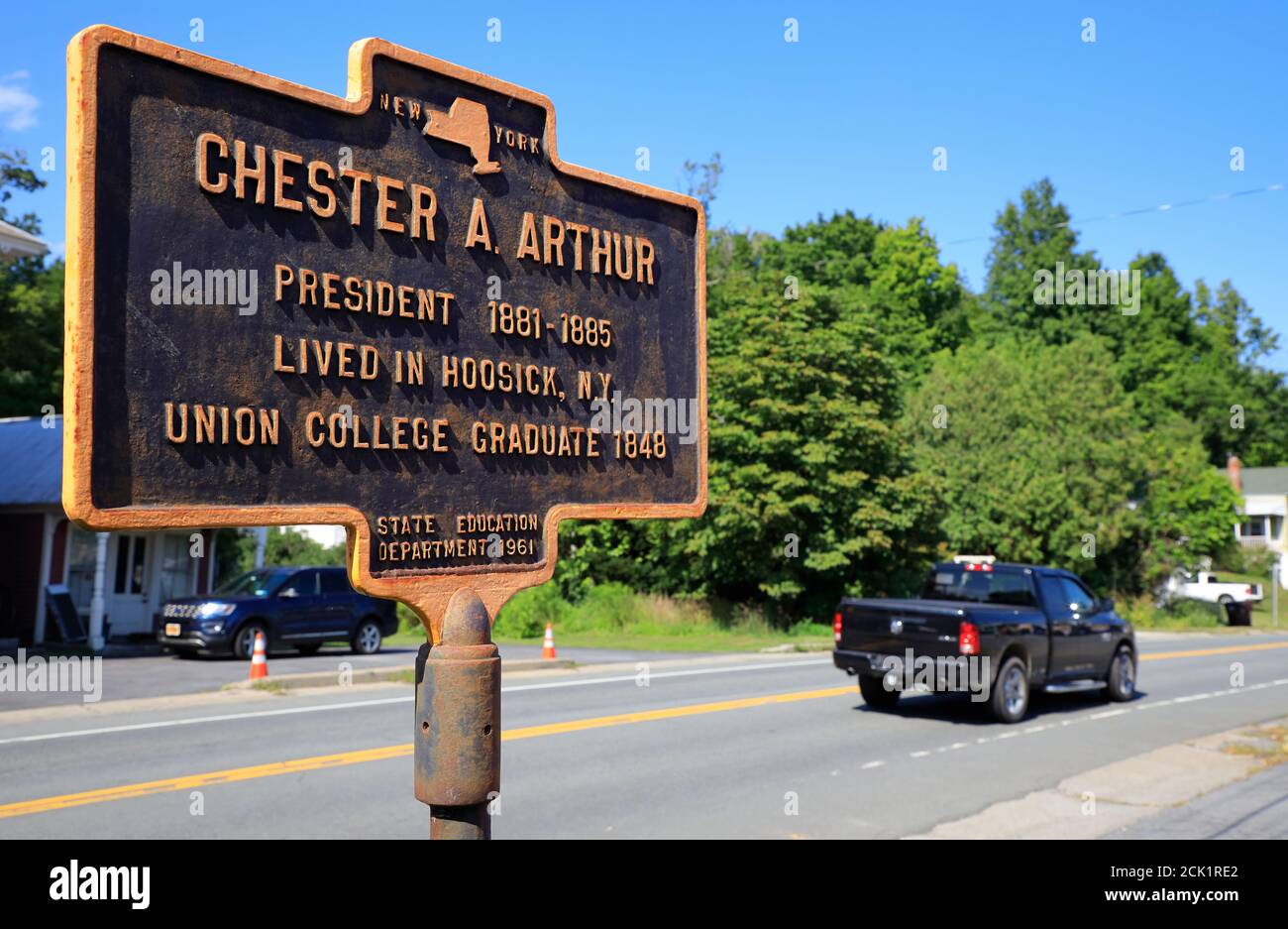 A metal historic marker states Chester A Arthur the 21th president of ...