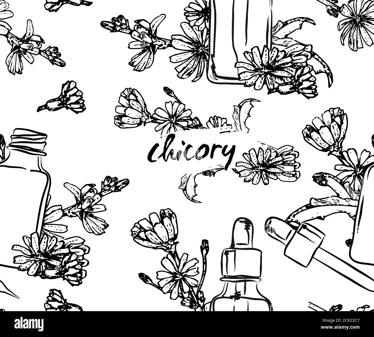 hand drawn black and white bottles of essential oils, Seamless pattern ...