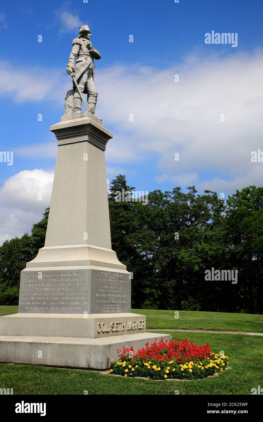 Statue of Continental Colonel Seth Warner in Monument Circle.The Bennington Battle Monument ...
