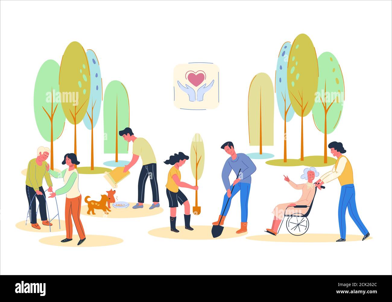 Volunteers work helping elderly people, planting Stock Vector Image ...