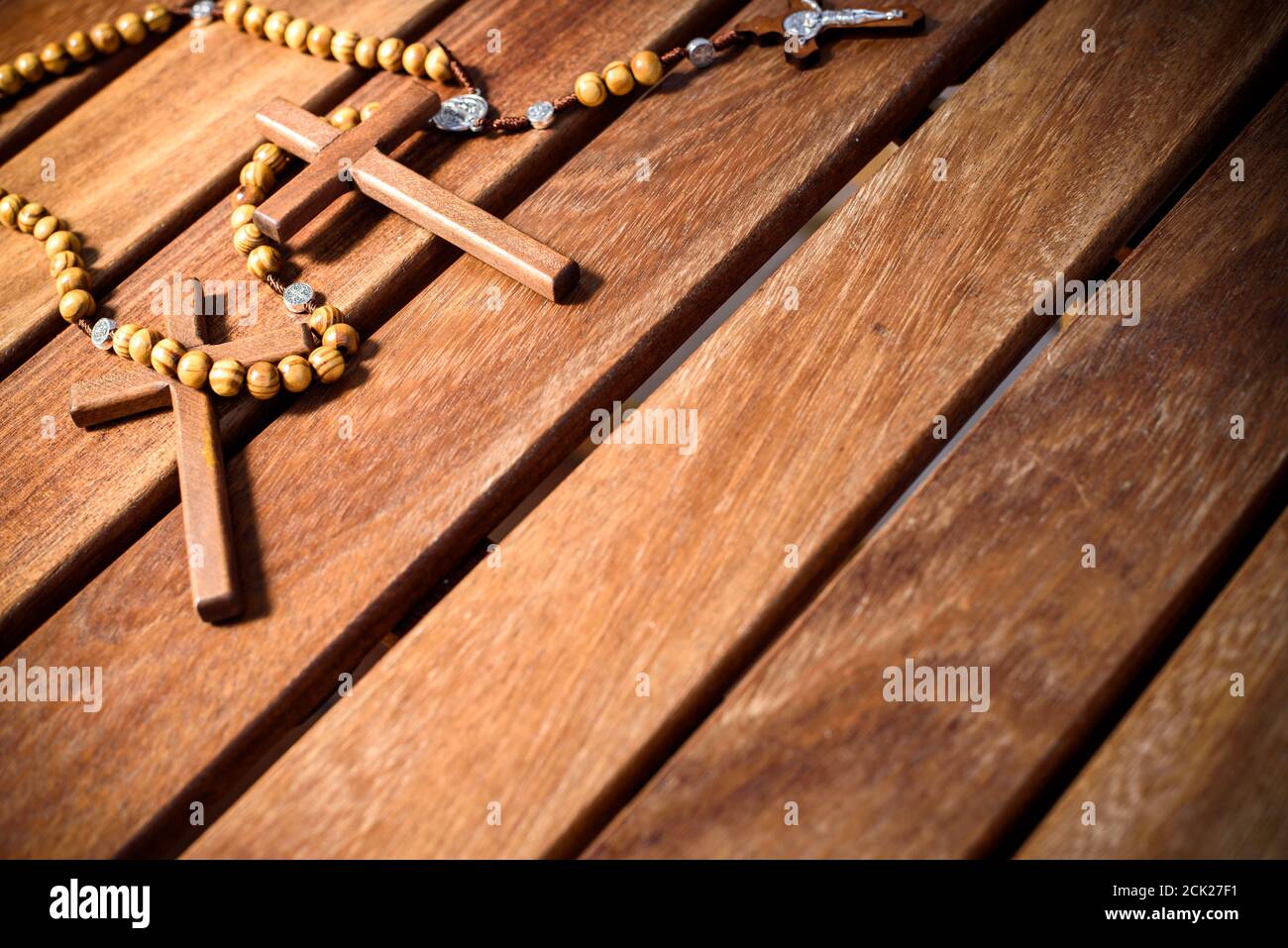 Christian symbols for religious believers, wooden background Stock ...