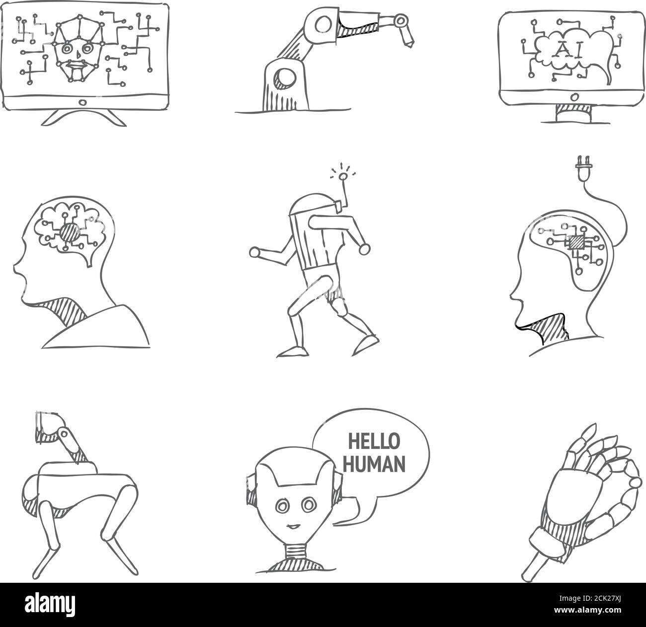 Artificial intelligence concept icons in sketch style. Vector hand ...