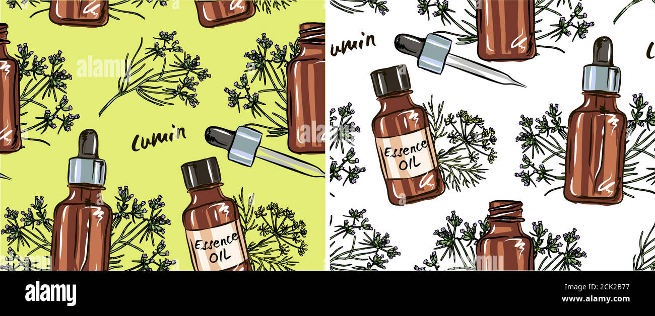 Seamless pattern with bottles with essential oils: essential oil ...