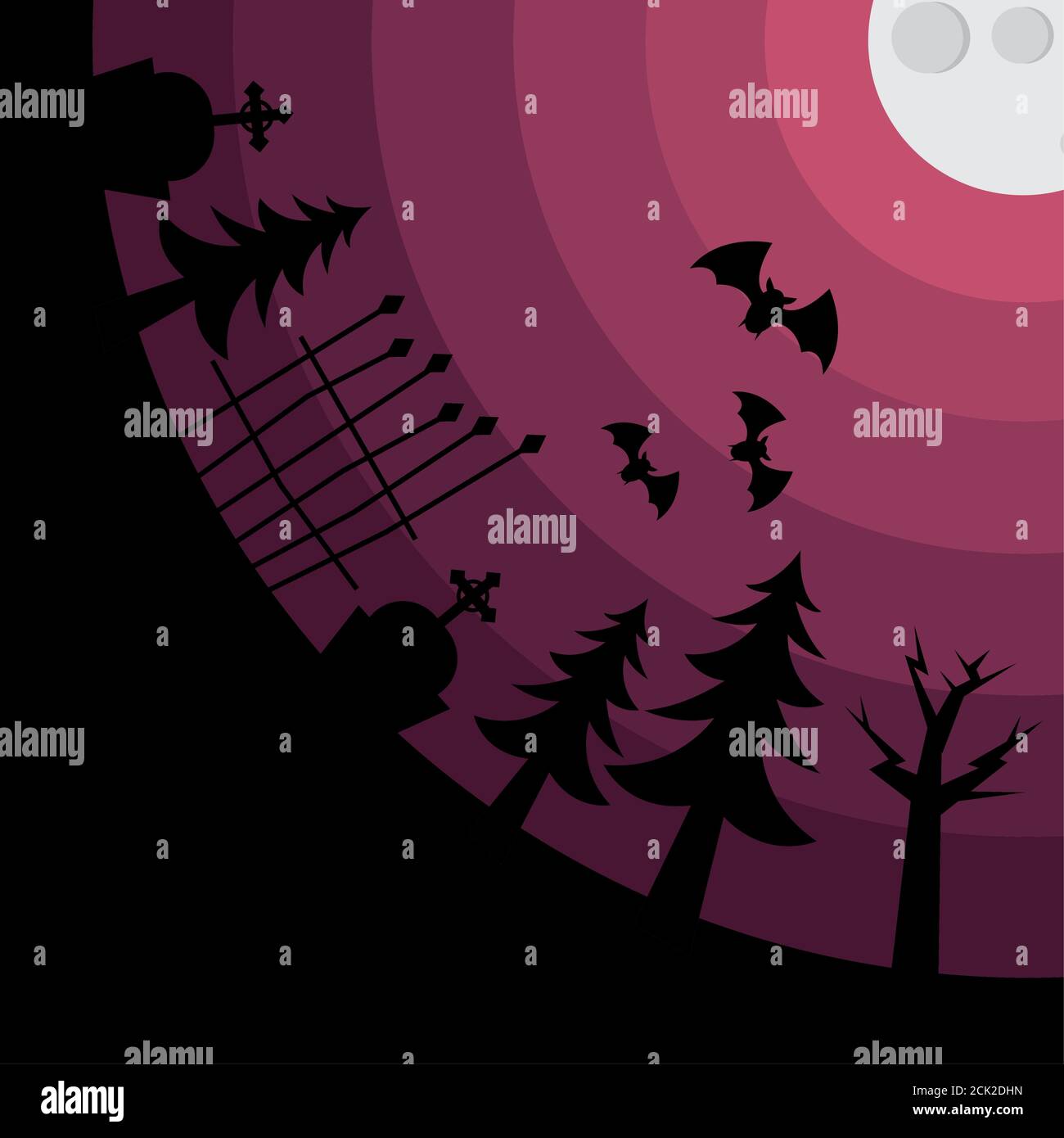 Halloween cemetery with gate pine trees and moon design, Holiday and ...