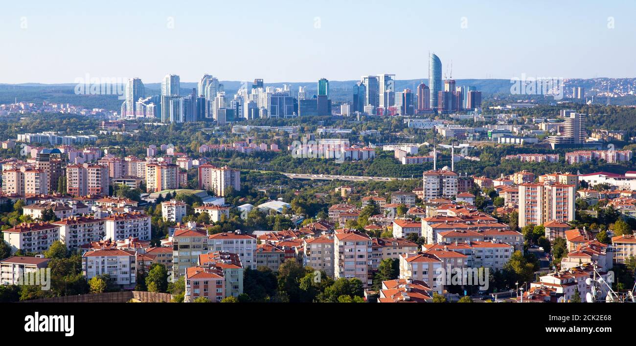 High angle aerial panoramic view of houses and business centers in ...
