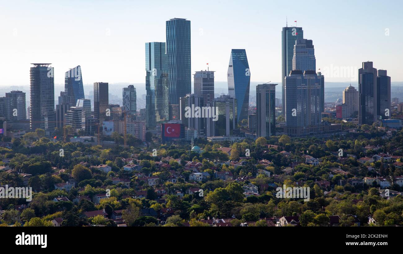 High angle aerial panoramic view of houses and business centers in ...