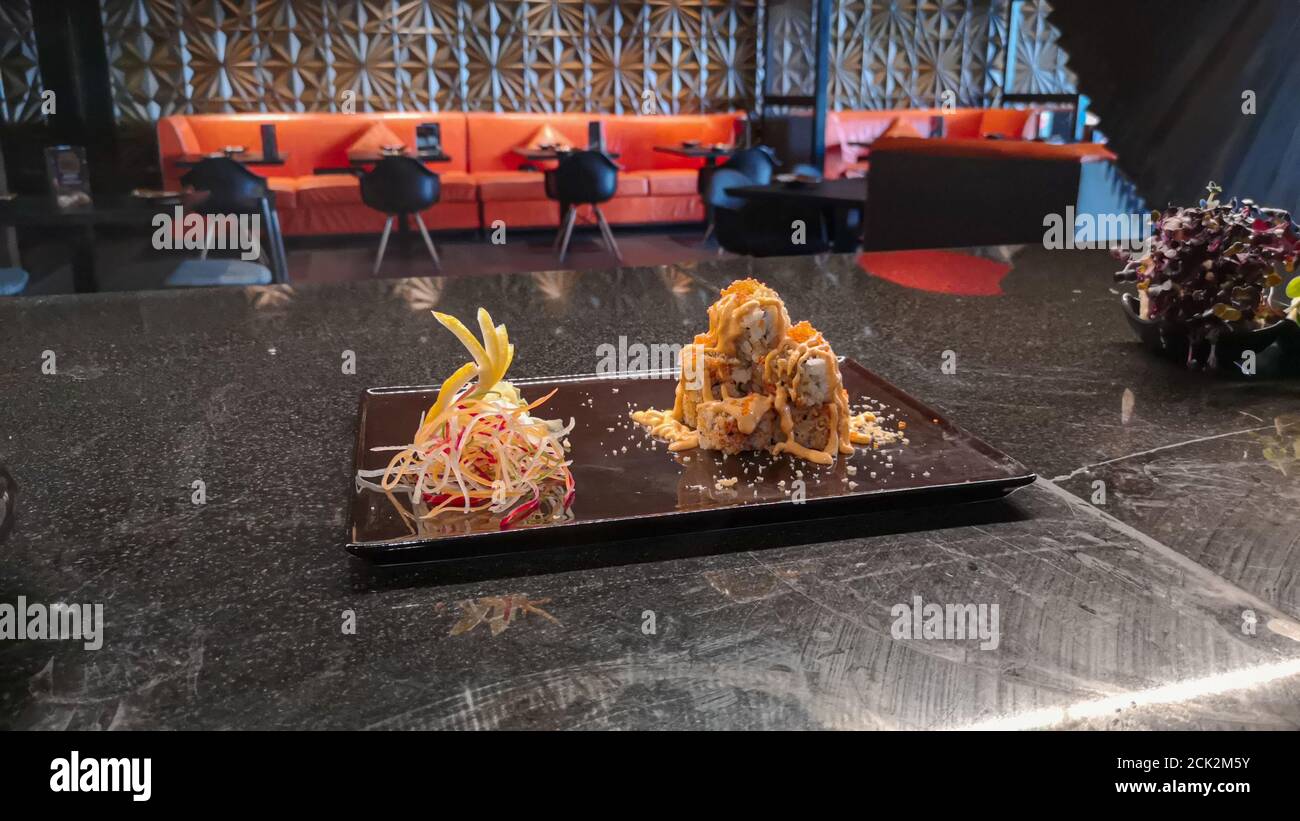 Fancy and delicious asian food variety in a hotel restaurant | maki and ...