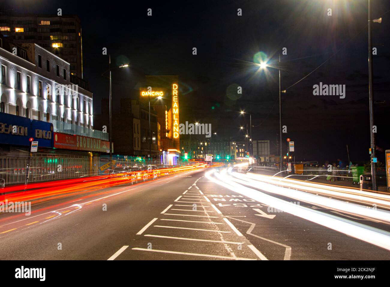 Long exposure night time light trails image outside Dreamland Amusement ... Long exposure night time light trails image outside Dreamland Amusement ...