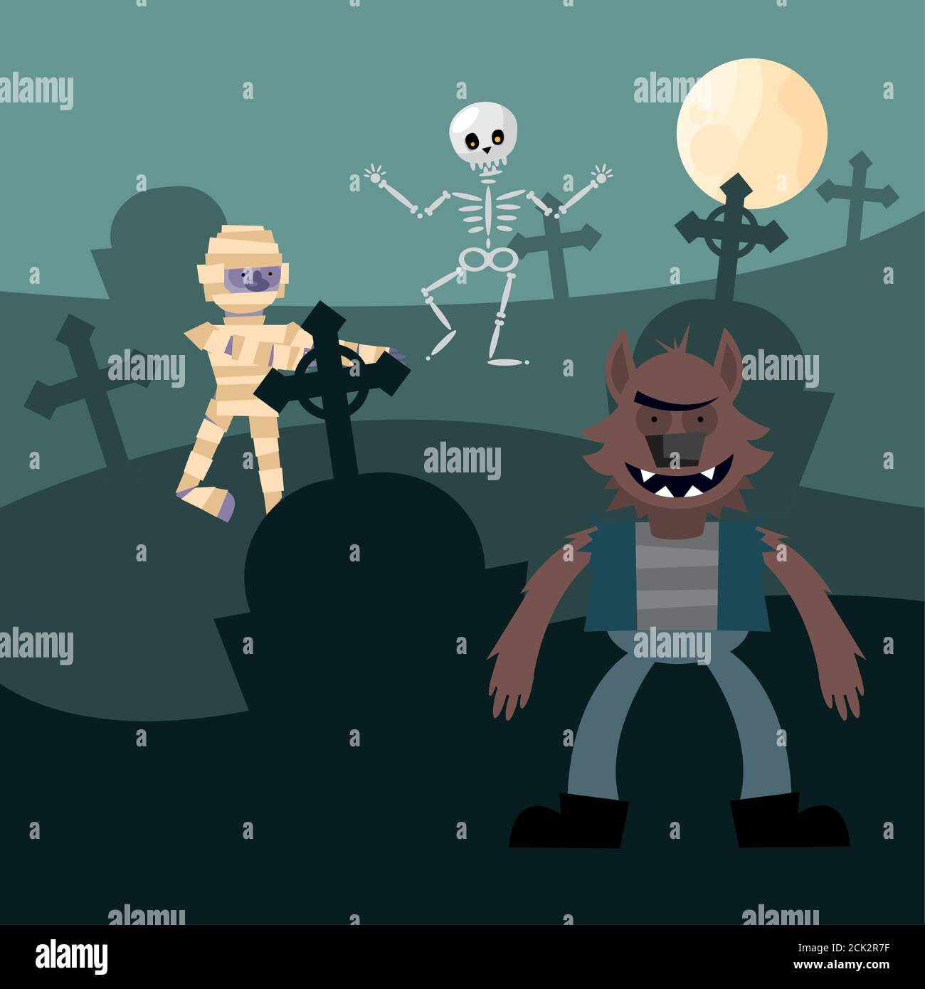 Halloween mummy skull and werewolf cartoons design, Holiday and scary ...