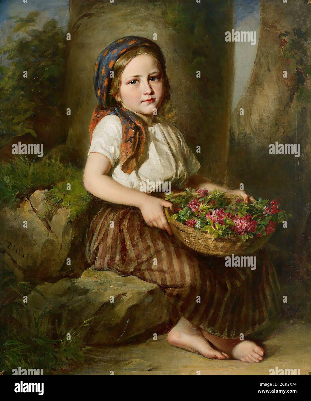 Decker Georg - Girl with a Basketful of Alpine Roses - Hungarian School ...