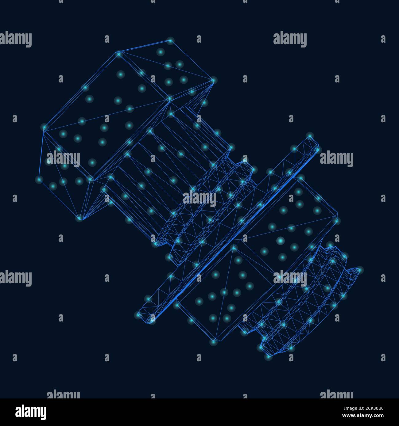 Bolt and nut wireframe made of blue lines with glowing lights on a dark ...