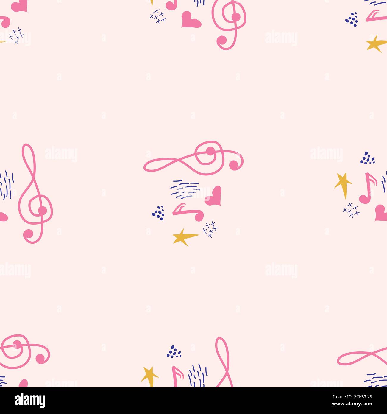 Treble clef, notes, heart, stars, abstract elements seamless pattern in ...