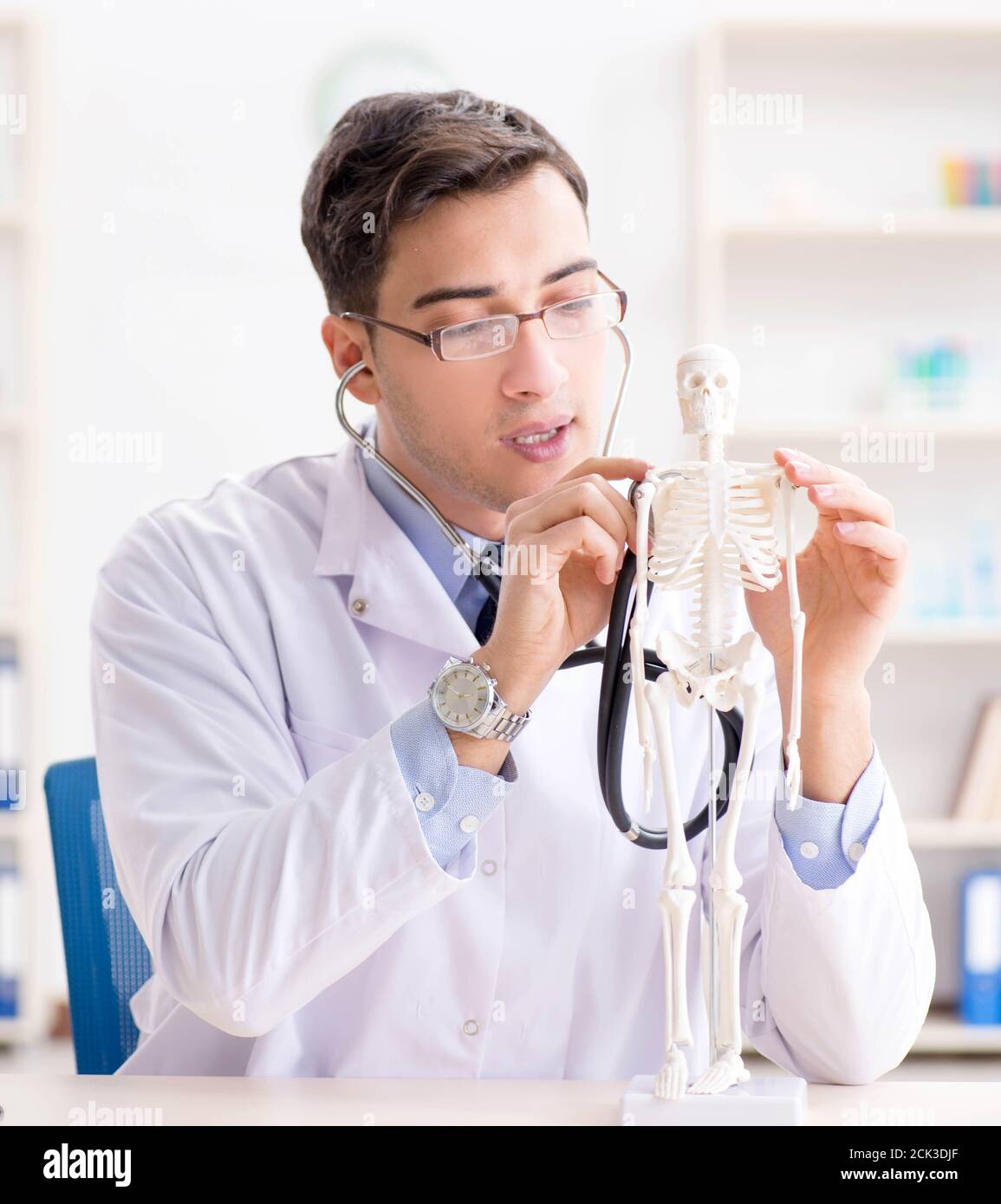 The doctor explaining human body on skeleton Stock Photo - Alamy