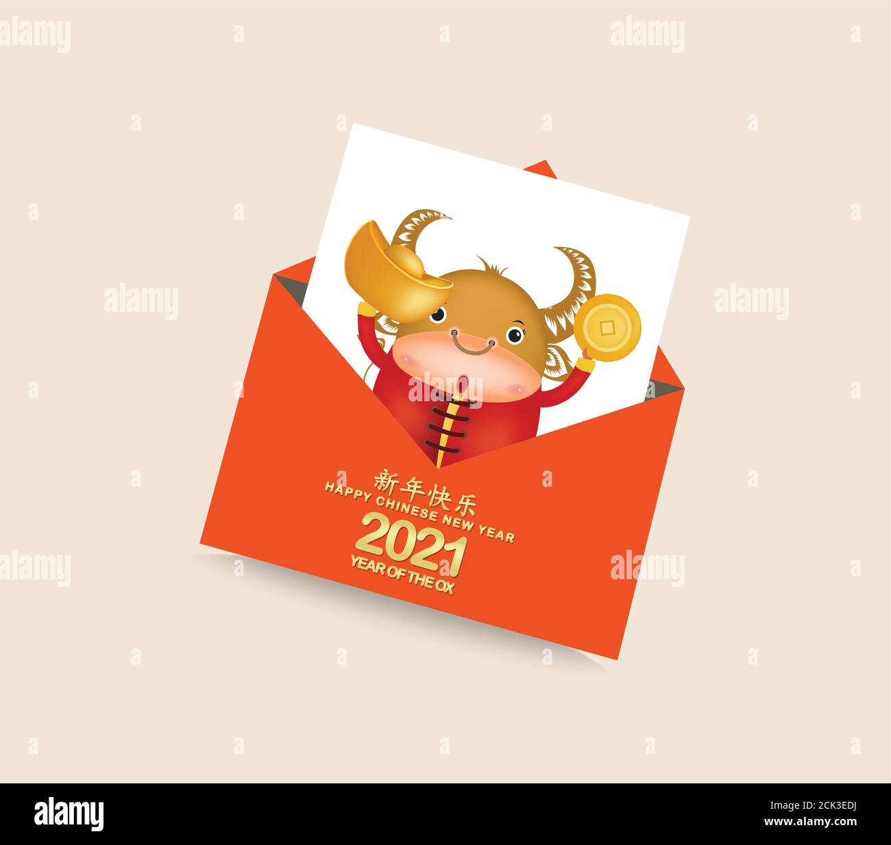Chinese new year 2021. Greeting card with envelope Ox (Chinese ...