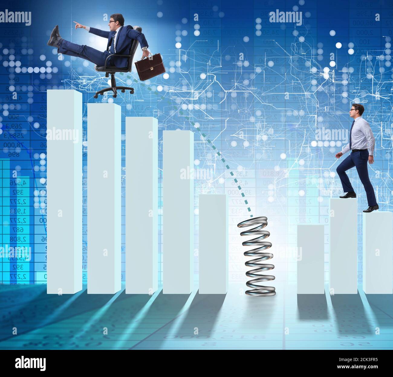 The business people jumping over bar charts Stock Photo - Alamy