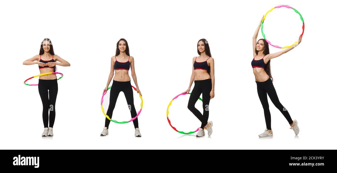 The a girl in sport suit with hula hoop isolated on white Stock Photo ...