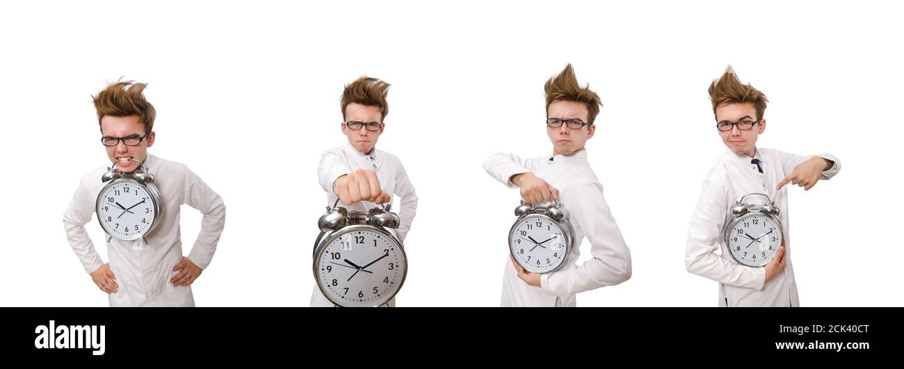The funny doctor with alarm clock isolated on white Stock Photo - Alamy