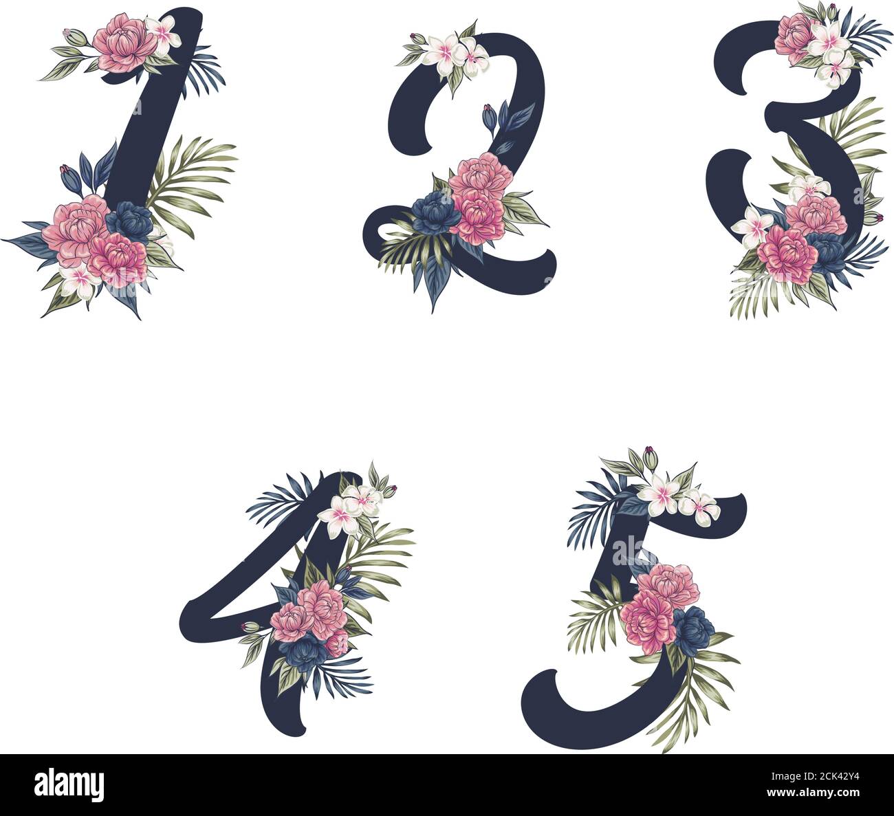 Flower ornate numbers. Elegant blossom number, floral sprigs date and ...