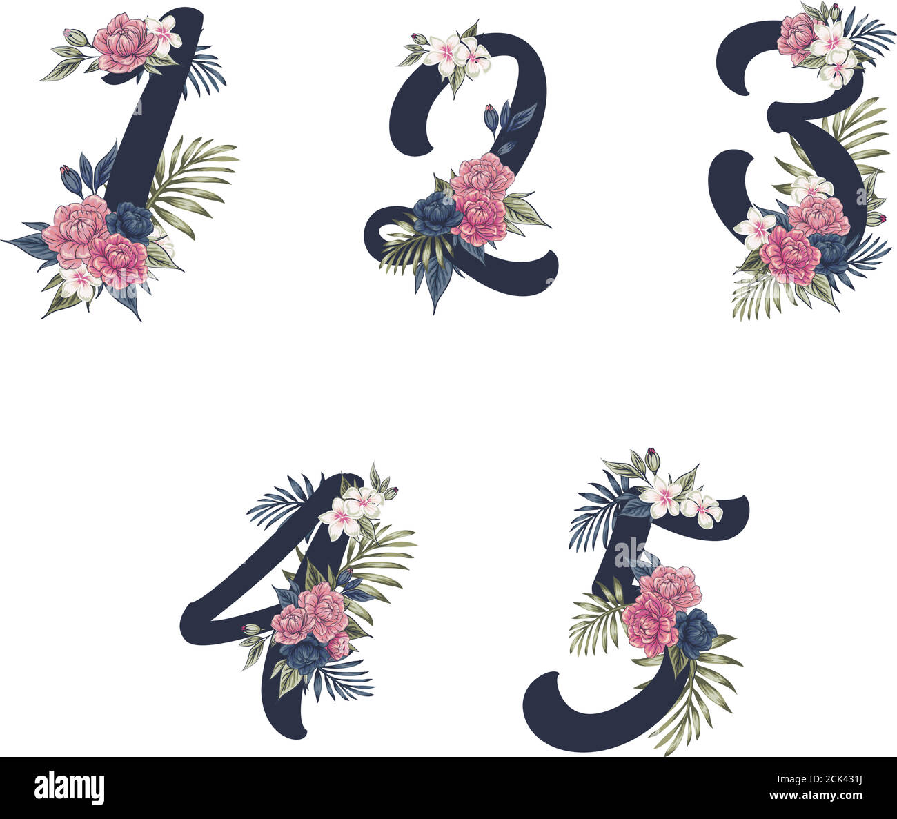 Flower ornate numbers. Elegant blossom number, floral sprigs date and ...