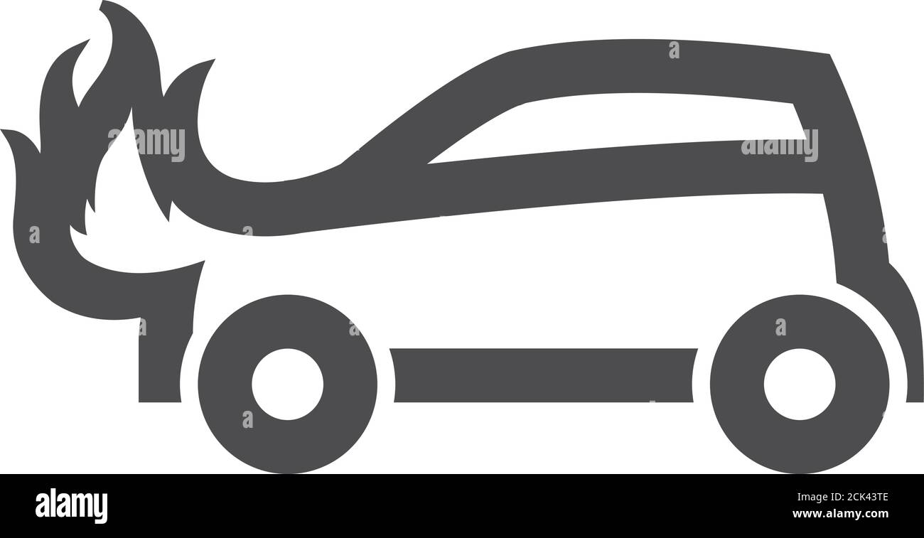 Car on fire icon in thick outline style. Black and white monochrome ...