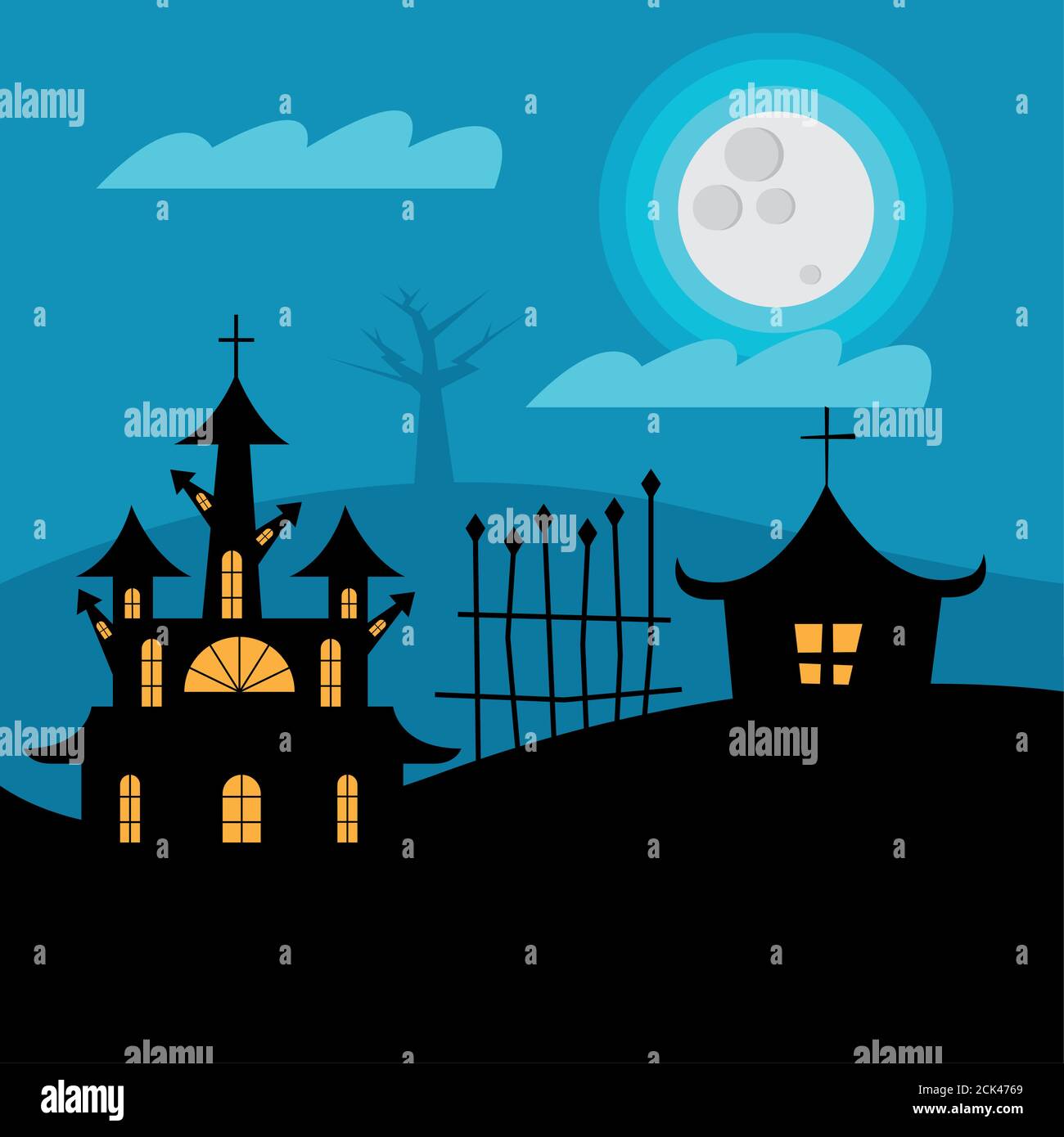 Halloween houses with gate at night design, Holiday and scary theme ...