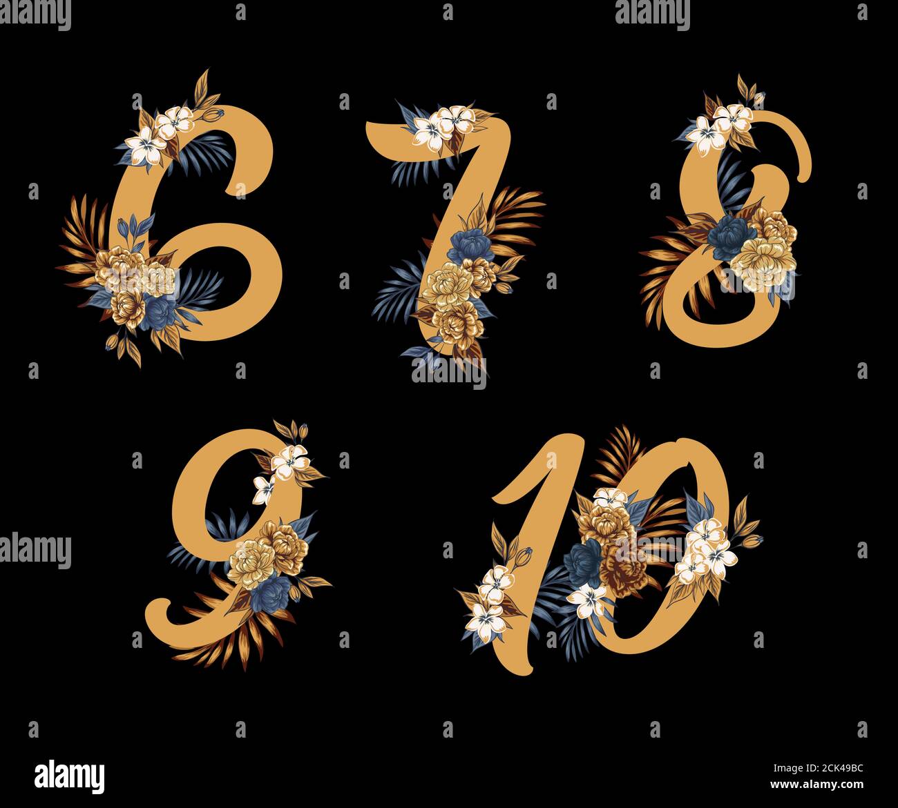 Flower ornate numbers. Elegant blossom number, floral sprigs date and ...