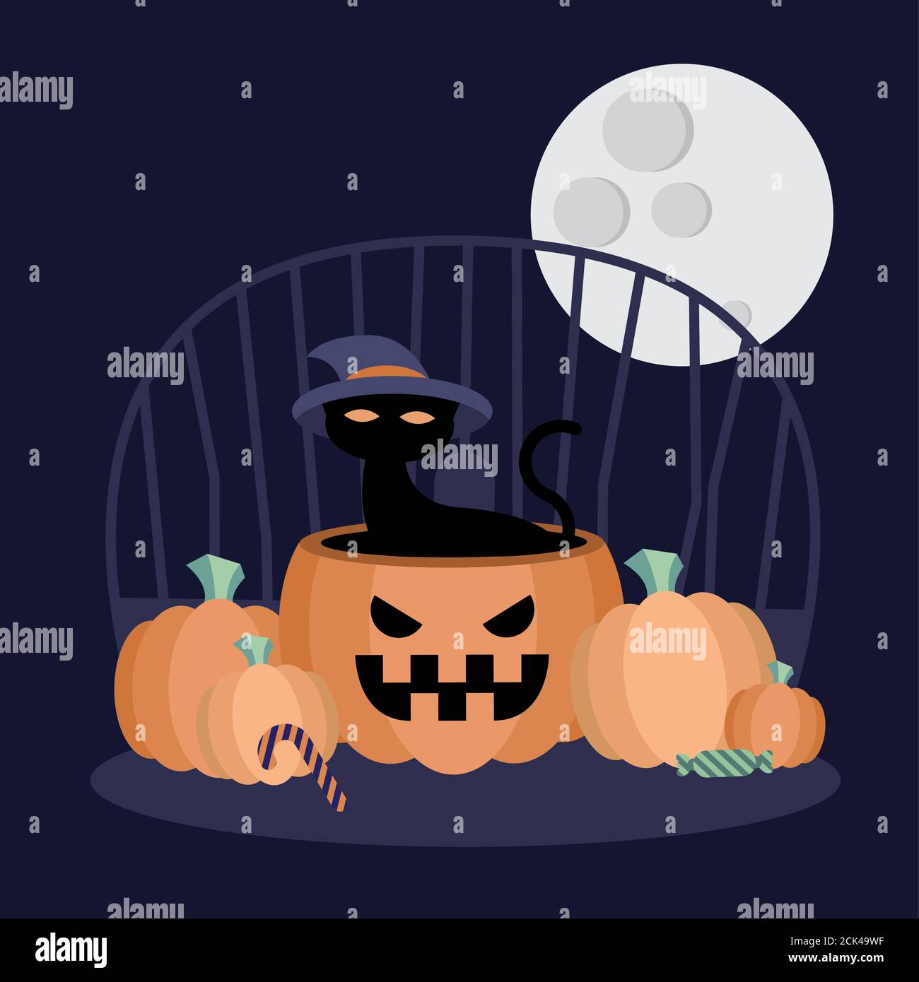 Halloween cat on pumpkin design, Holiday and scary theme Vector ...