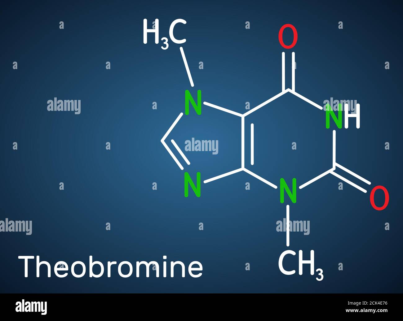 Theobromine, dimethylxanthine, purine alkaloid C7H8N4O2 molecule. It is ...
