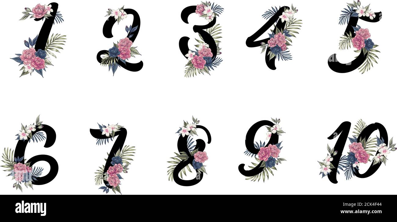 Flower ornate numbers. Elegant blossom number, floral sprigs date and ...