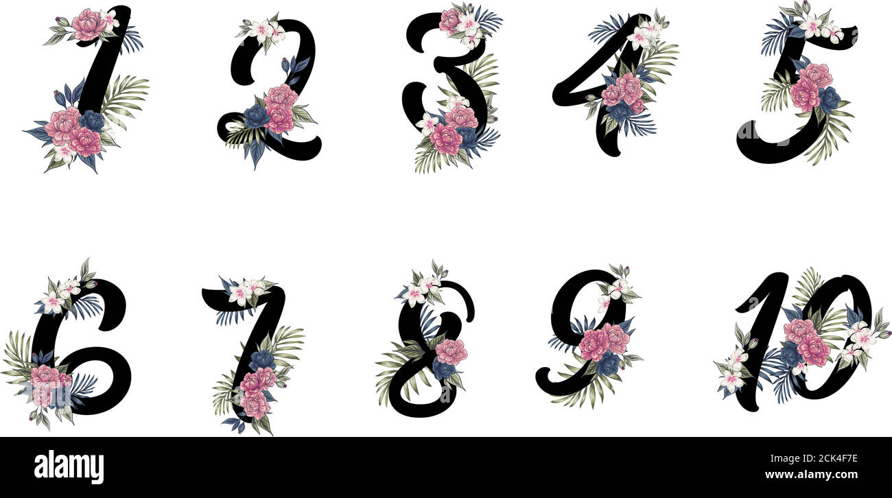 Flower ornate numbers. Elegant blossom number, floral sprigs date and ...