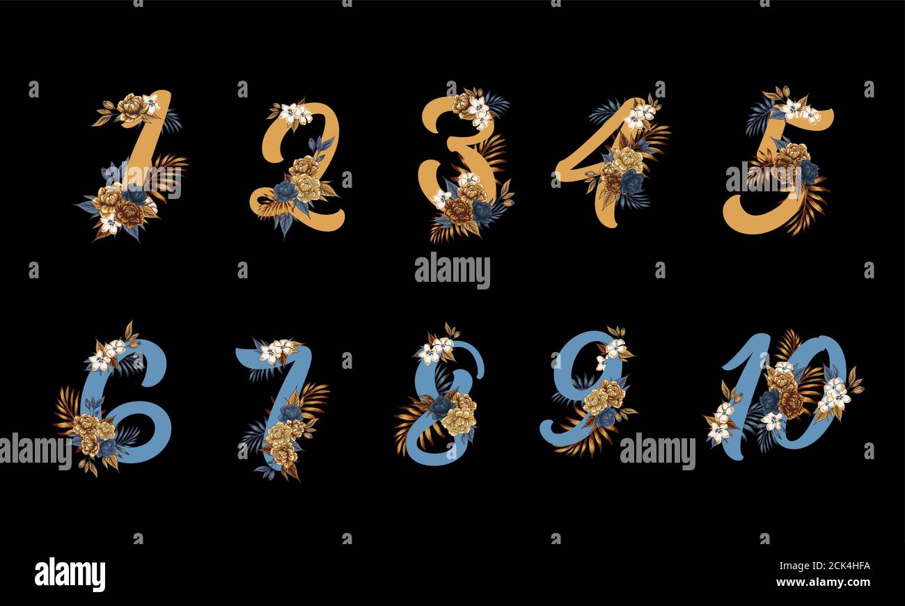 Flower ornate numbers. Elegant blossom number, floral sprigs date and ...