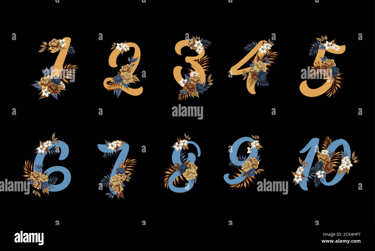 Flower ornate numbers. Elegant blossom number, floral sprigs date and ...