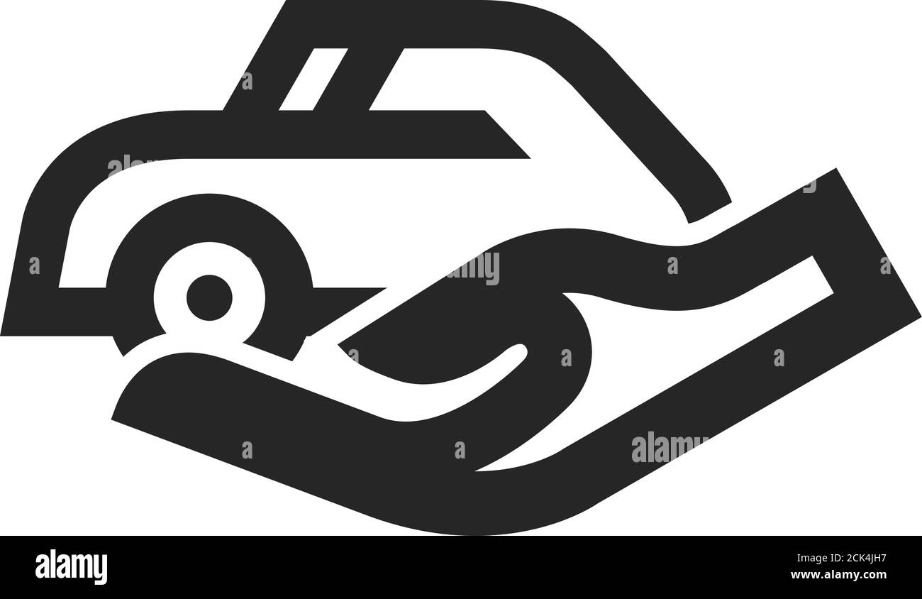 Hand holding car icon in thick outline style. Black and white ...