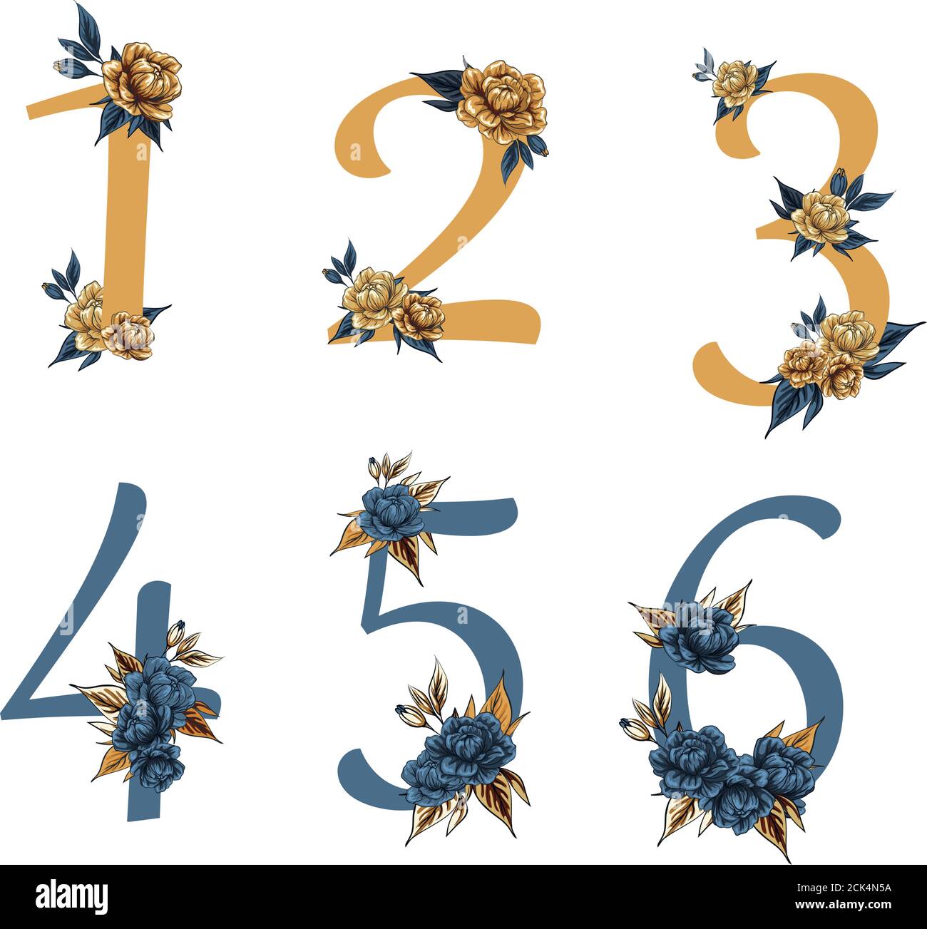 Flower ornate numbers. Elegant blossom number, floral sprigs date and ...