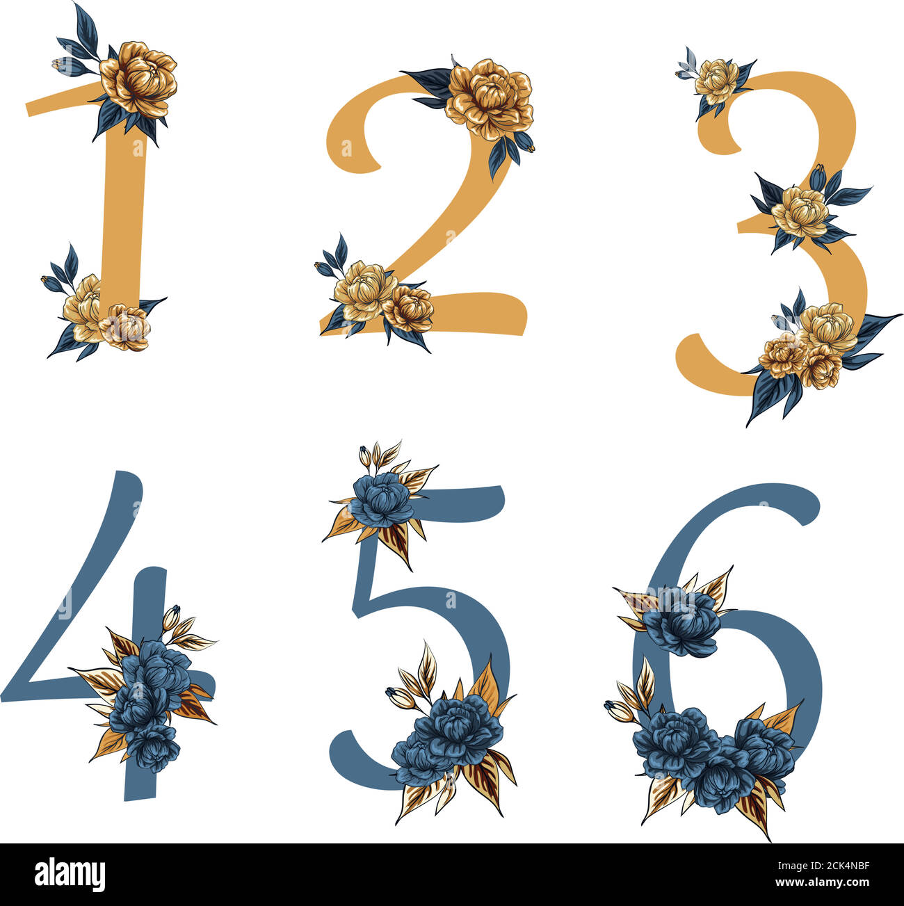 Flower ornate numbers. Elegant blossom number, floral sprigs date and ...