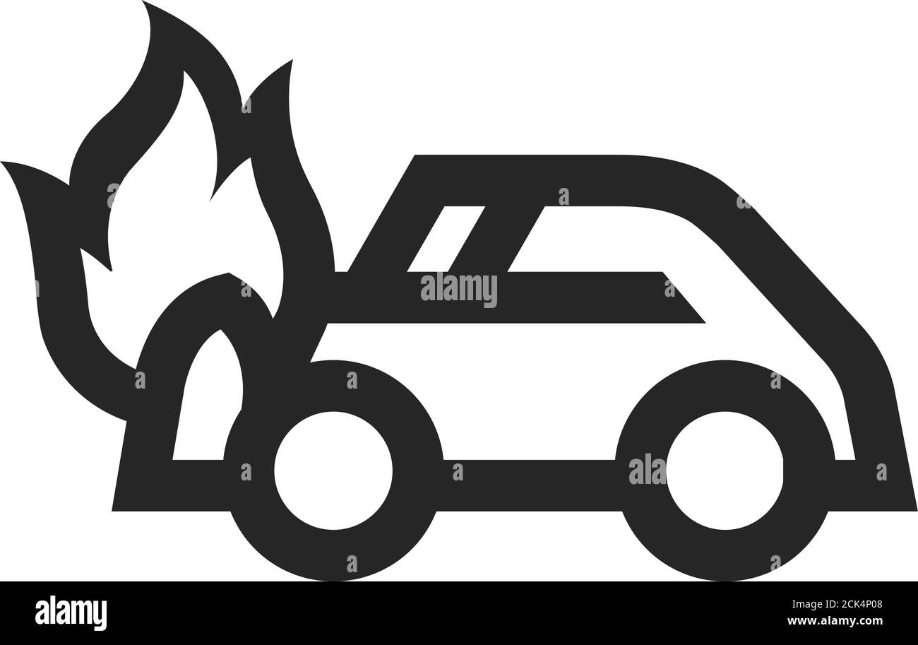 Car on fire icon in thick outline style. Black and white monochrome ...