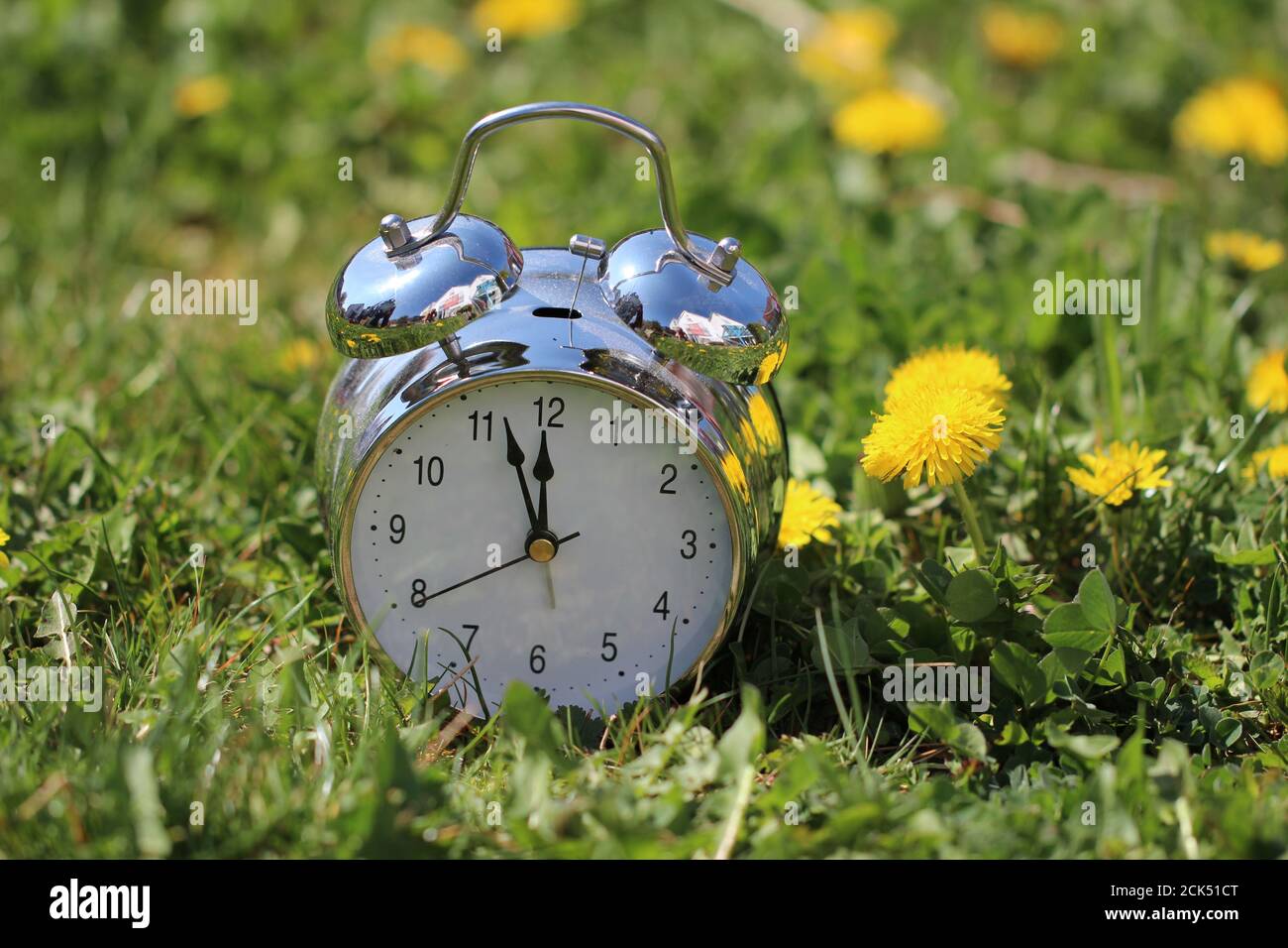 Abstract closeup focus shot of an alarm clock in a natural environment ...