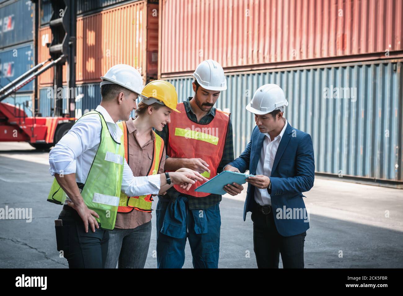 Transport Container Shipping Worker Team Meeting Discussion About ...