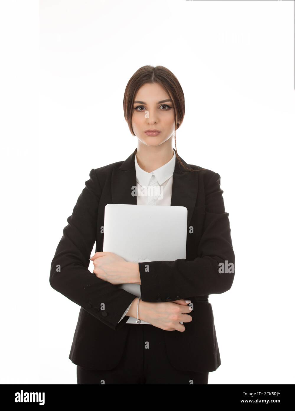 Front view cutout portrait of a beautiful woman holding personal ...